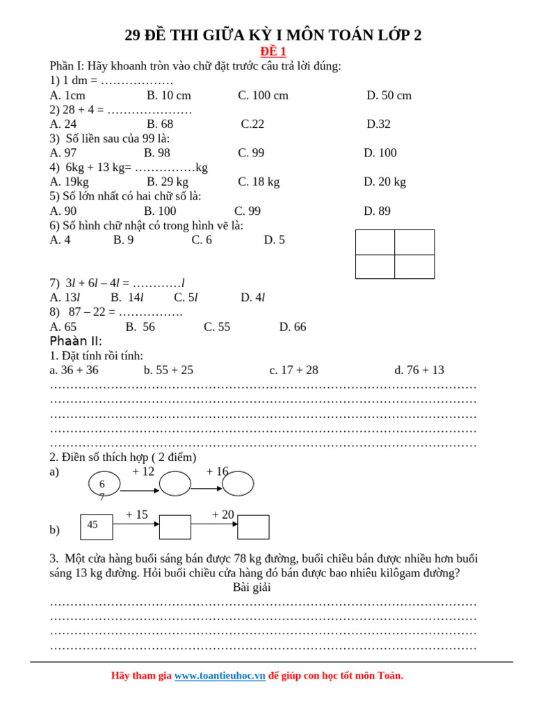 10 de Thi Giua Ky I Mon Toan Lop 2 | PDF