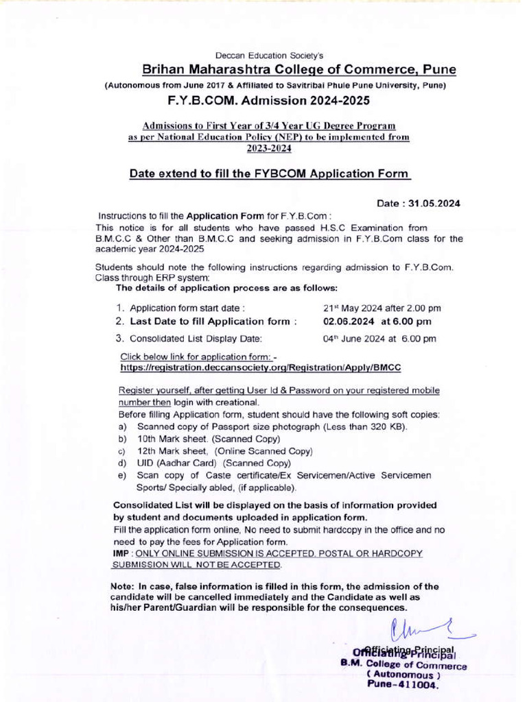 Date Extendnoticeof FYBCOMRegistrasionform 202425 | PDF | Business