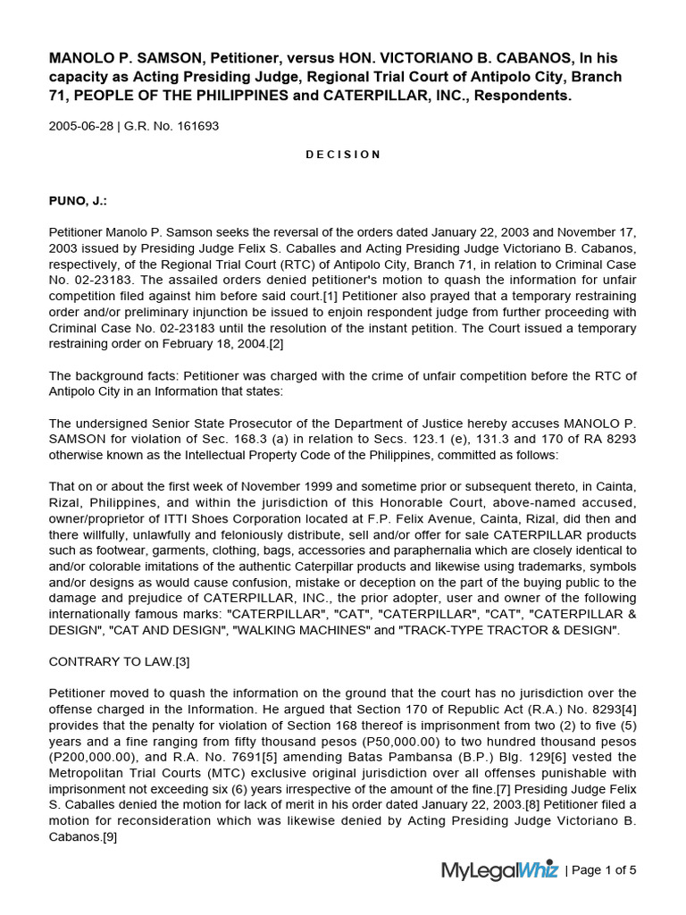 Samson V Cabanos, GR 161693, 6-28-05 | PDF | Jurisdiction | Injunction