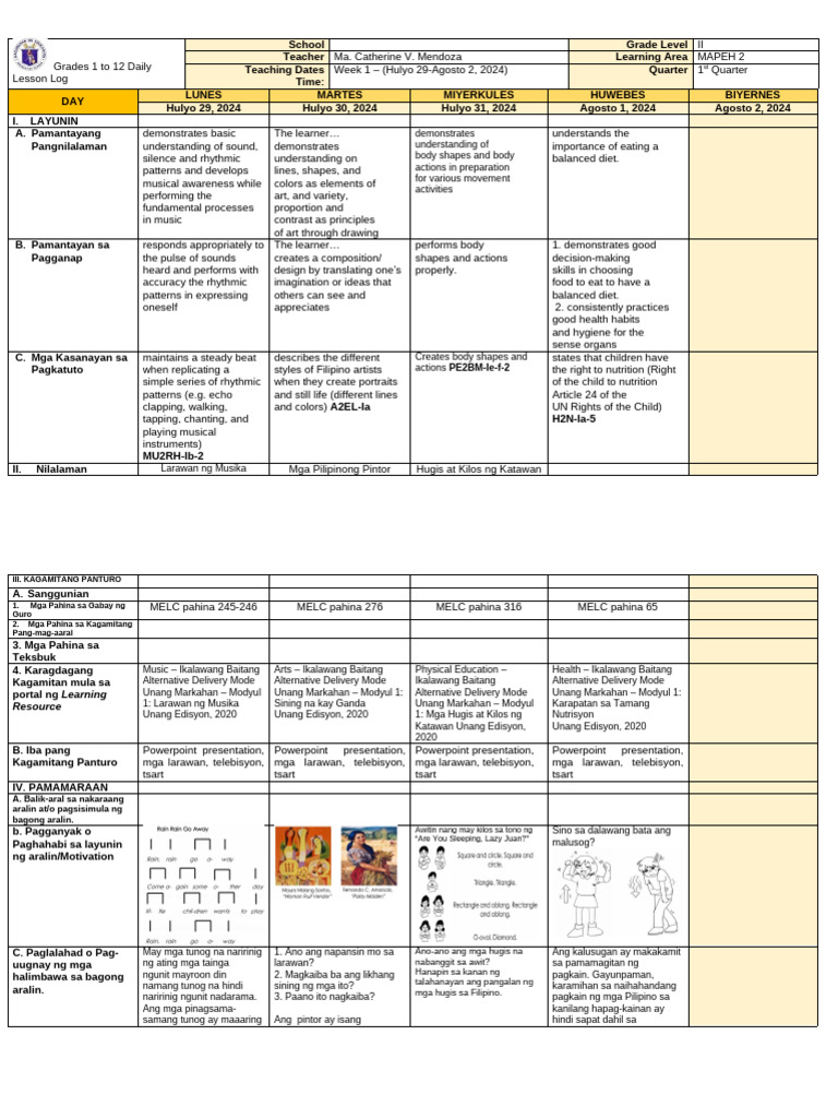 DLL Mapeh2 Q1 Week1 | PDF
