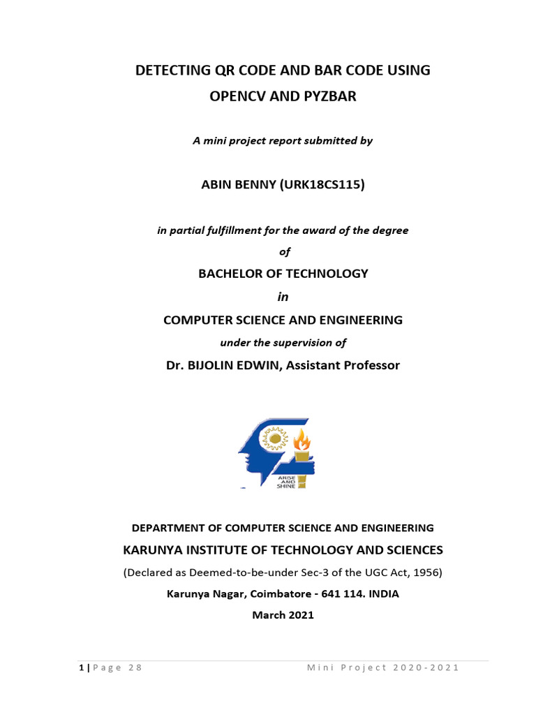 Detecting QR Code and Bar Code Using Opencv and Pyzbar: Abin Benny (Urk18Cs115) | PDF | Barcode ...