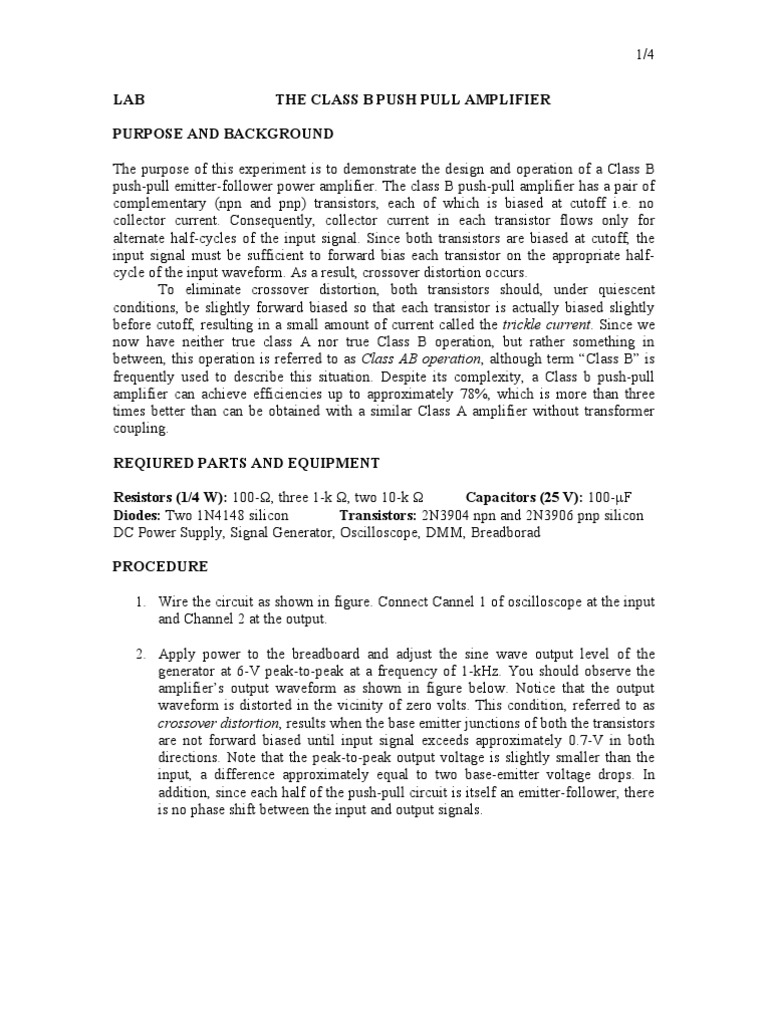 The Class B Push Pull Amplifier | PDF | Amplifier | Bipolar Junction Transistor