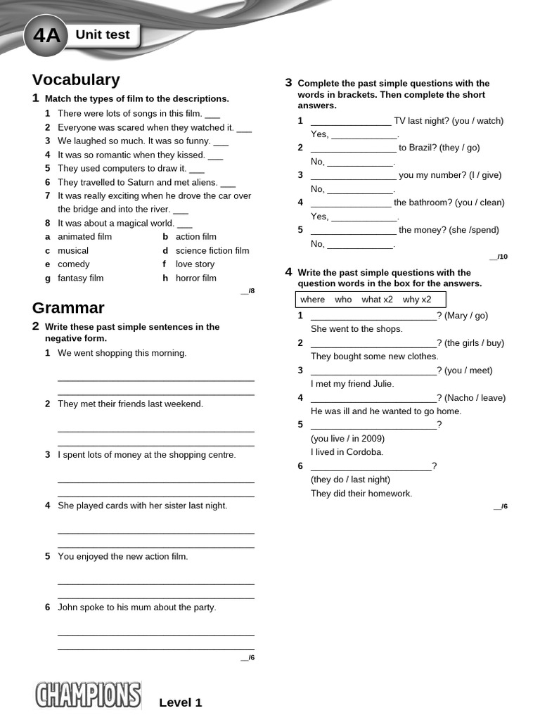 Level 1 Unit Test: Film Vocabulary & Grammar | PDF