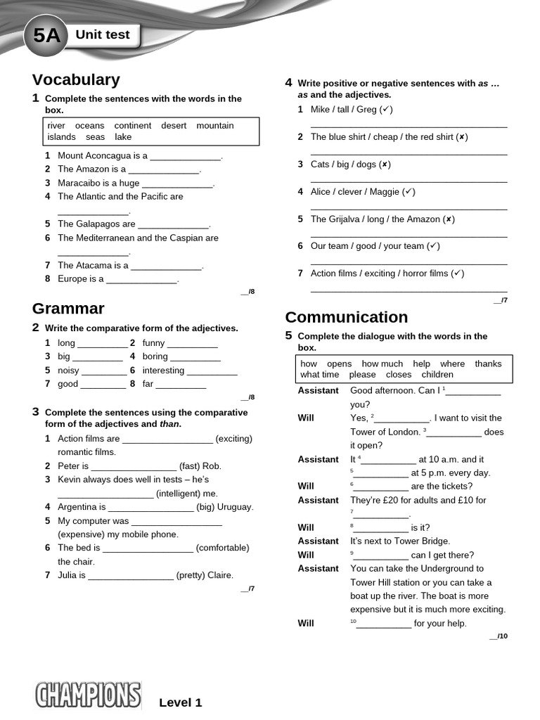 Champions Level 1 Unit Test 5 A | PDF | Linguistics | Earth Sciences