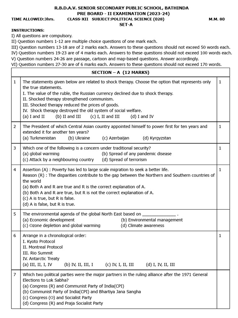 Set A Xii Pol - Sci. Pre Board II 23 24 | PDF | European Union | United ...