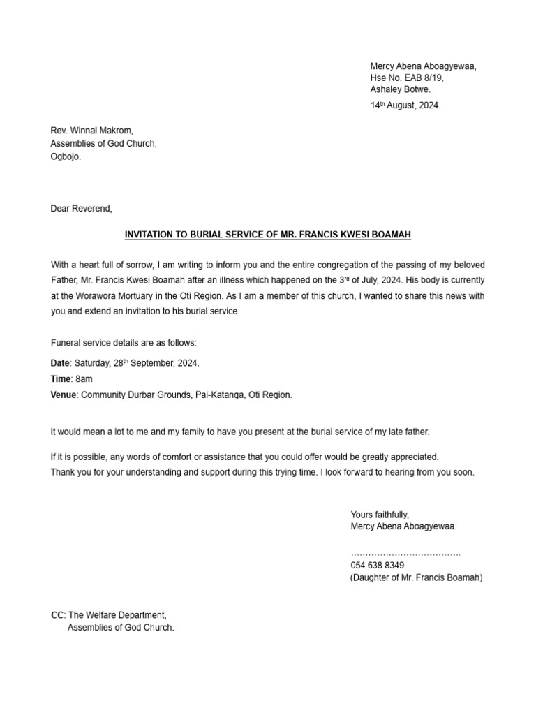 Funeral Announcement To Church | PDF