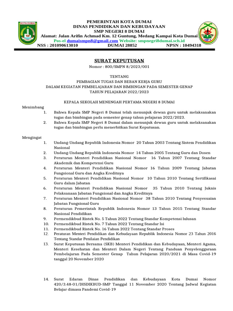 SK Pembagian Tugas - Genap 2223 nEW | PDF