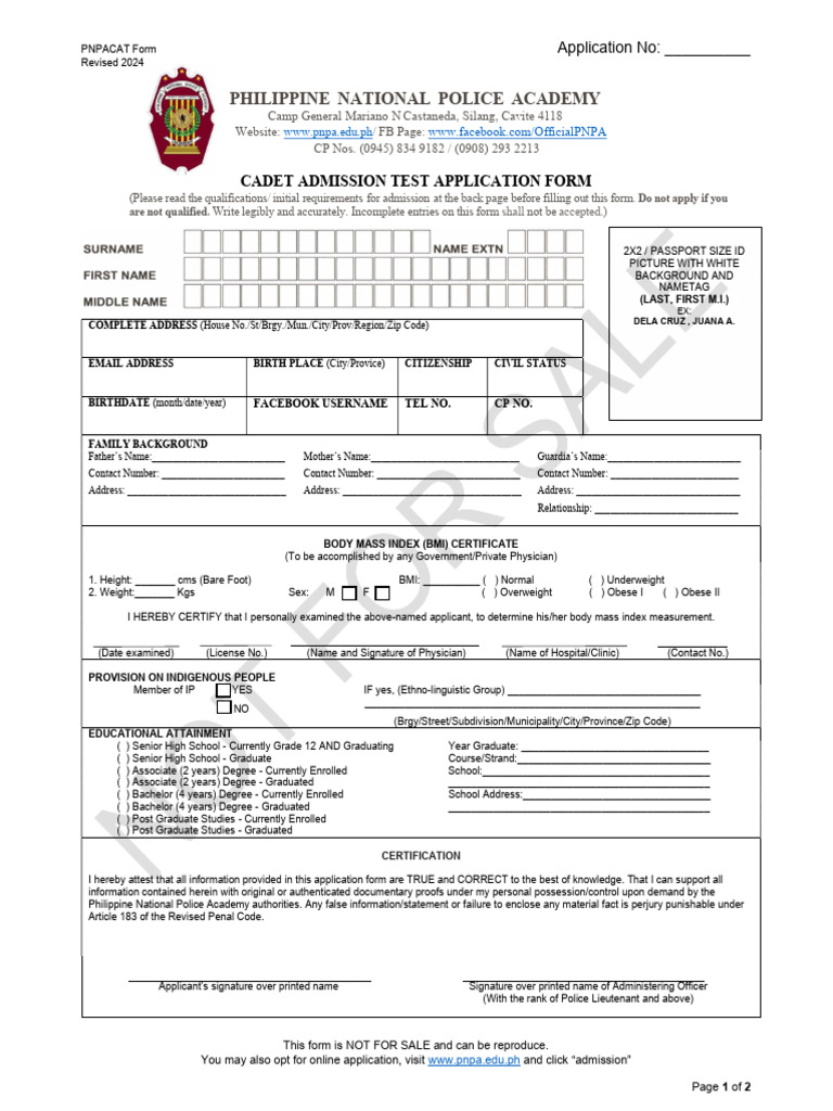 PNPA Cadet Admission Test Form 2024 | PDF | Body Mass Index
