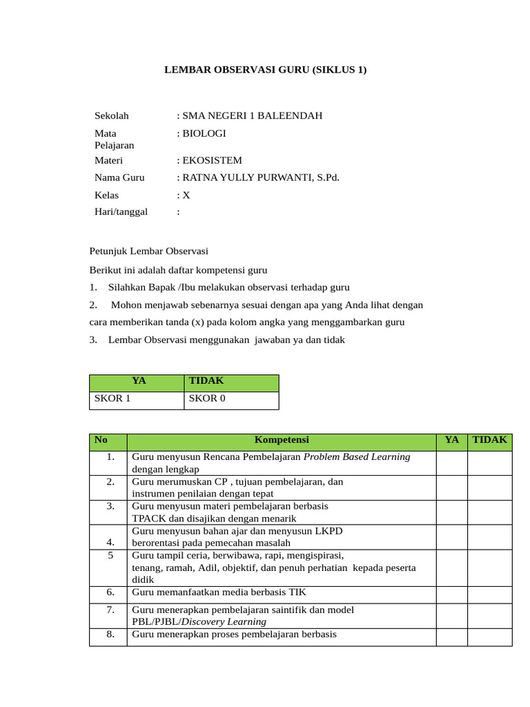 LEMBAR OBSERVASI GURU - Ratna Yully P | PDF
