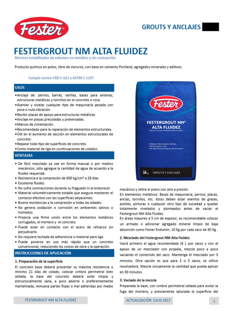 Festergrout NM Alta Fluidez | PDF | Hormigón | Materiales