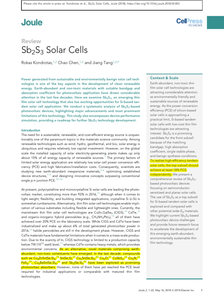 Sb2S3 Thin Film Solar Cell Review | PDF | Solar Cell | Thin Film Solar Cell