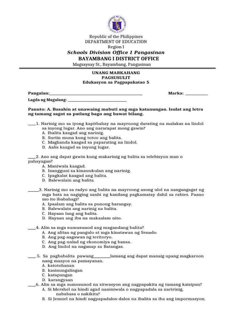 ESP GRADE 5 VALIDATED TEST QUESTIONS - Evelyn Sabangan | PDF