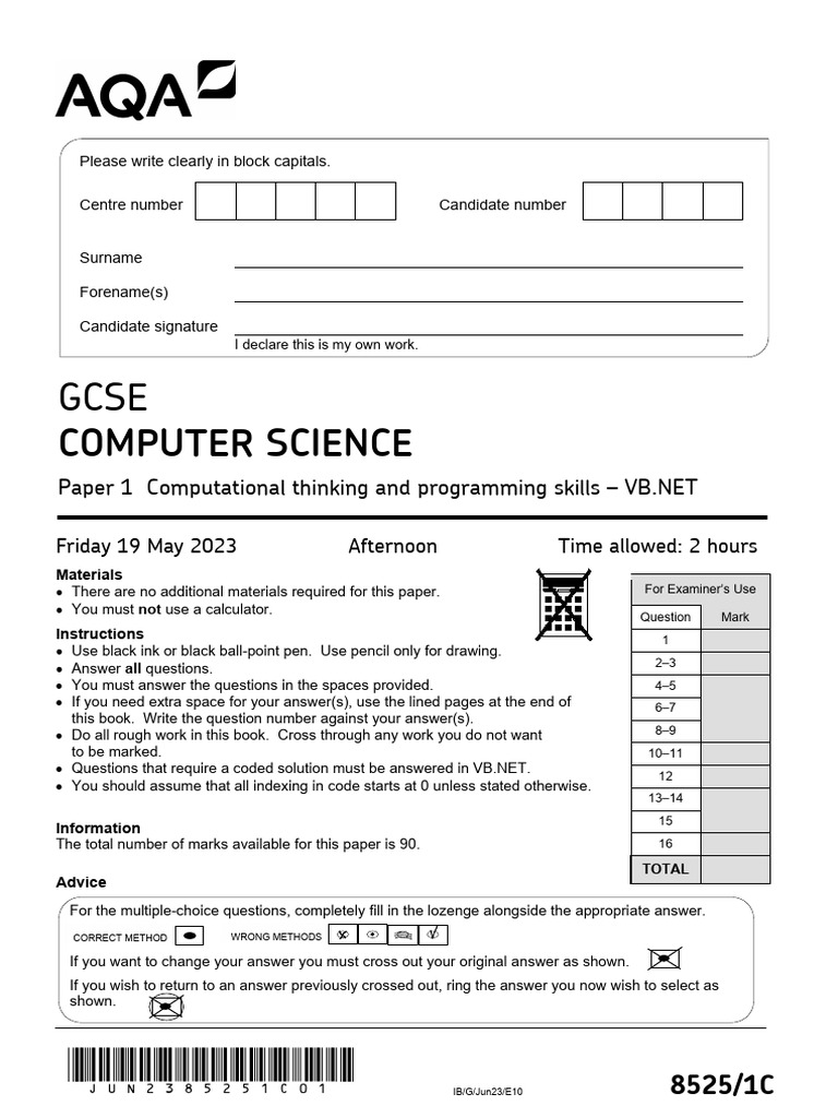 Aqa Gcse Computer Science Paper 1 May 2023 Question Paper 85251c Computational Thinking and ...