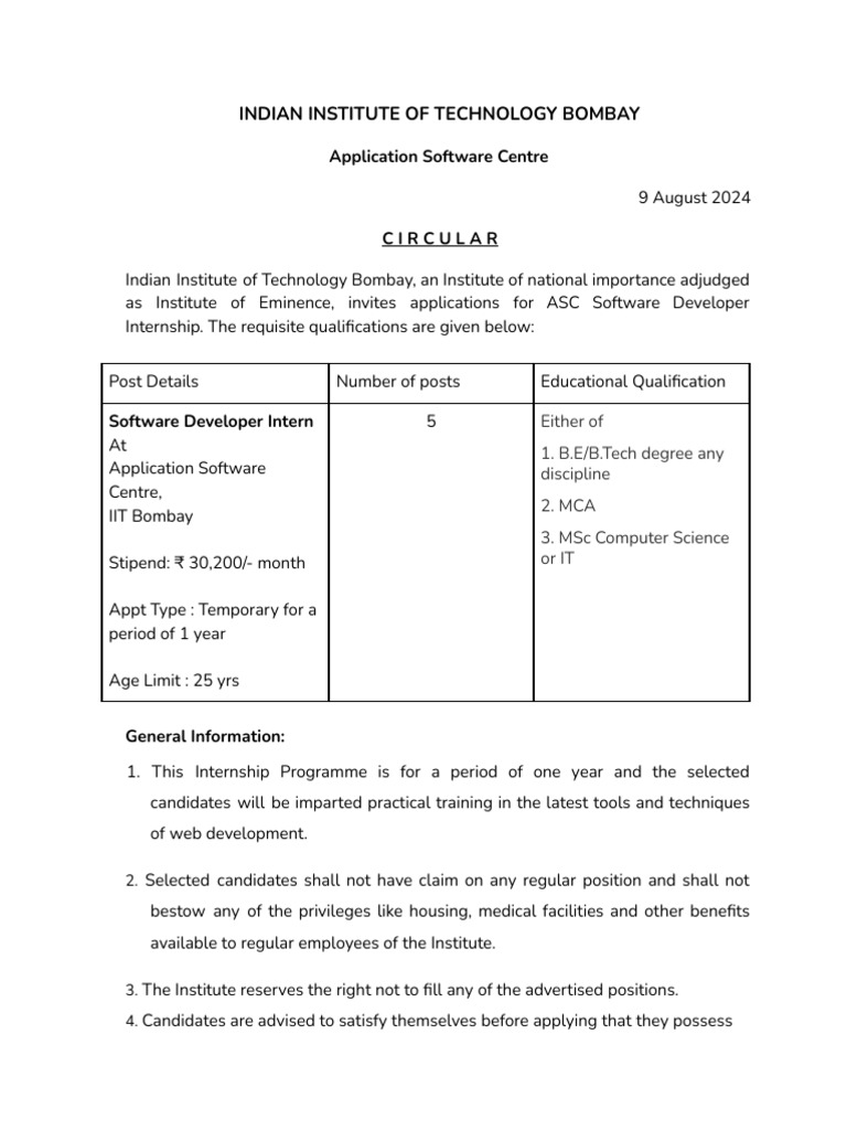 Circular For One Year Interns (Application Software Centre) - 2024-25 | PDF