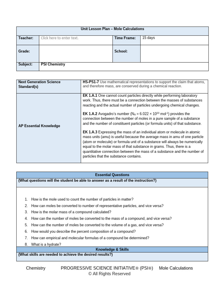 Mole Calculations Unit Lesson Plan | PDF | Mole (Unit) | Molecules