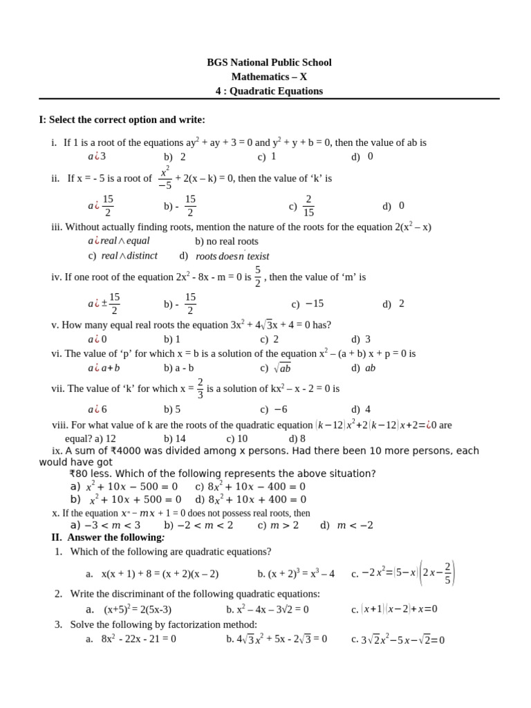 Class 10 Quadratic Equations Quiz | PDF | Equations | Quadratic Equation
