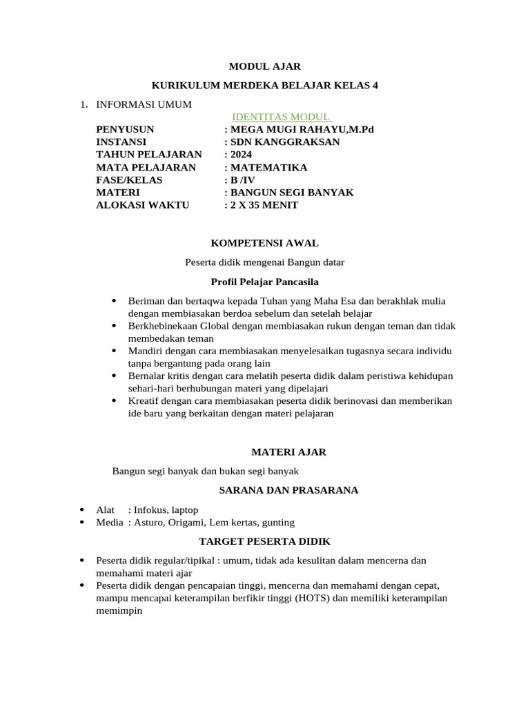 Modul Ajar MTK Bangun Datar | PDF | Karier & Perkembangan | Pengembangan Diri