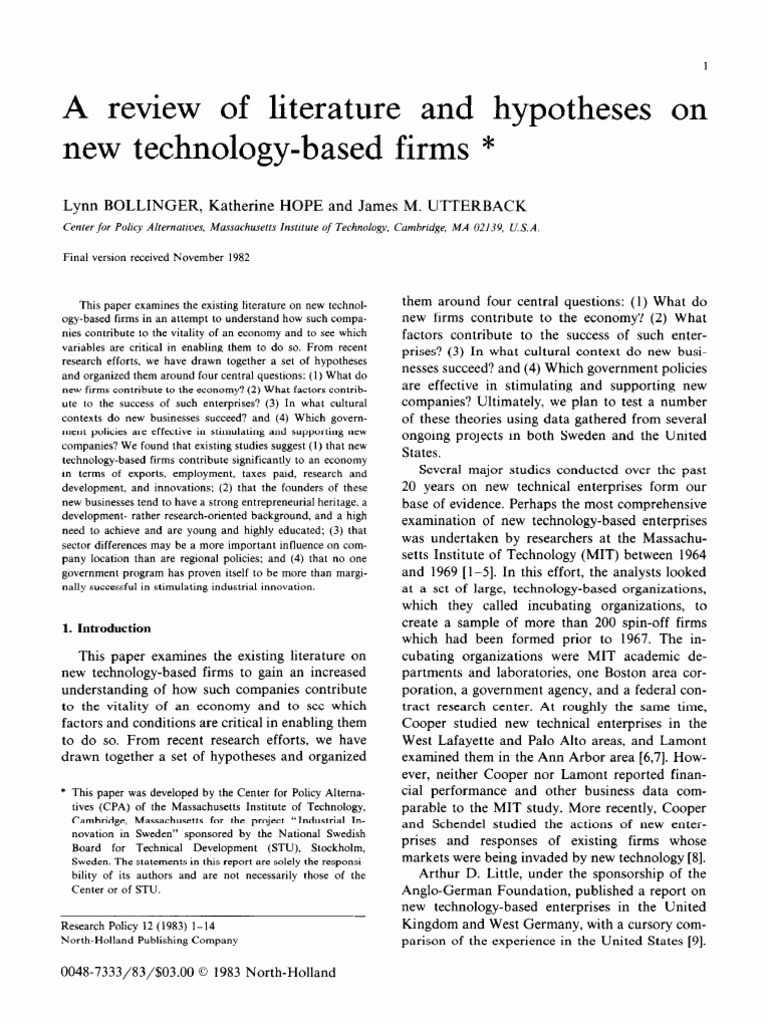A Review of Literature and Hypotheses On New Technology-Based Firms ...