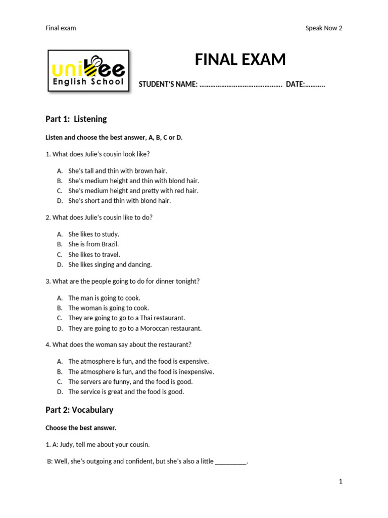 Speak Now 2 Final Exam Guide | PDF | Cuisine | Foods