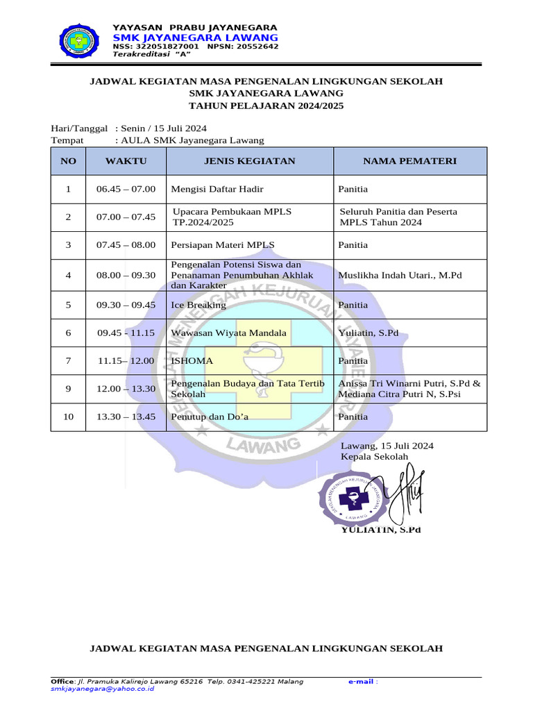 Jadwal Kegiatan MPLS 2024 | PDF