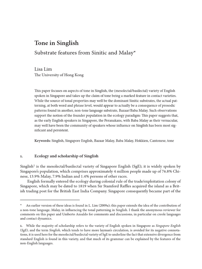 Lim 2011 Tone in Singlish. Substrate Features From Sinitic and Malay ...