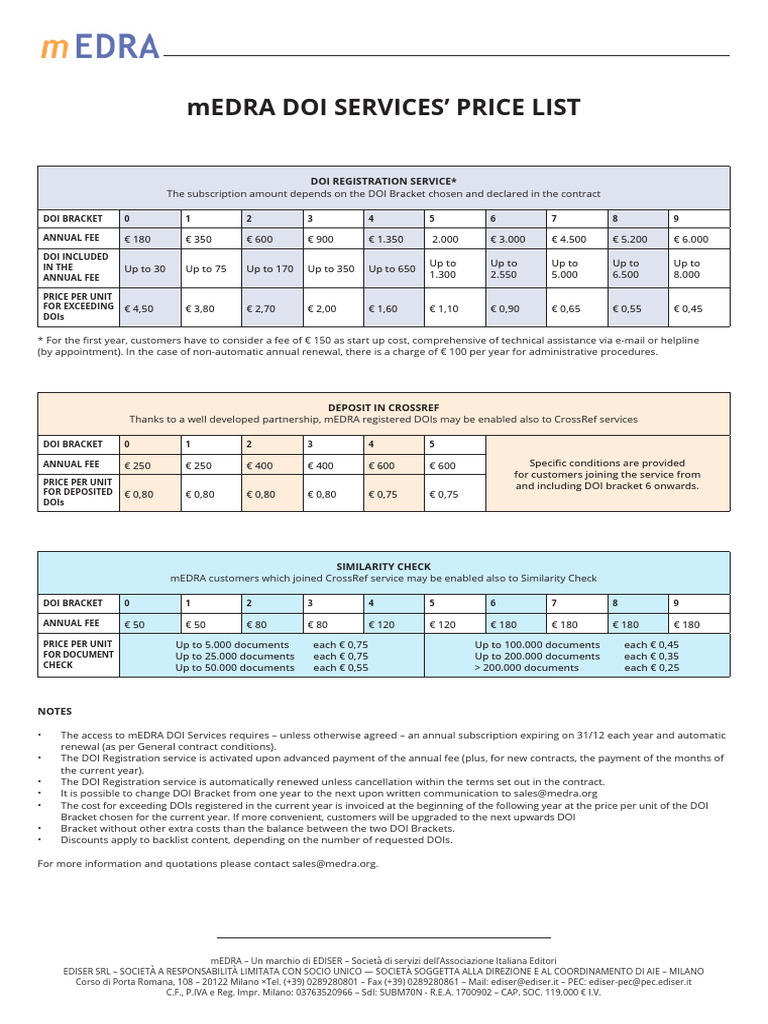 mEDRA DOI Services Price List 2024 | PDF | Fee | Marketing