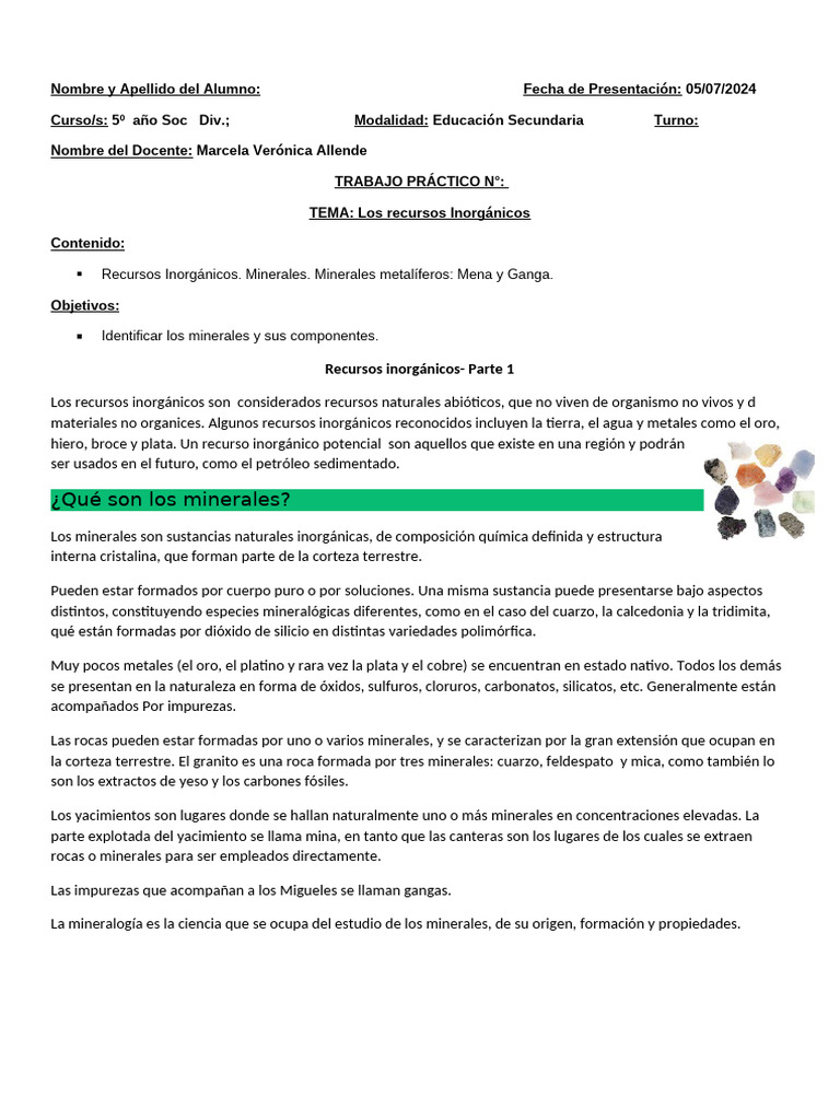 5to Soc TP Recursos Inorganicos Parte 1 | PDF | Minerales | Mineral