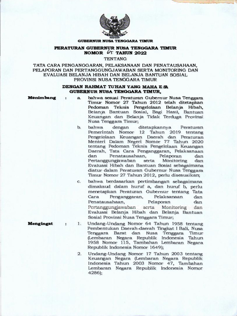 Pergub NTT No. 65 Tahun 2022 | PDF