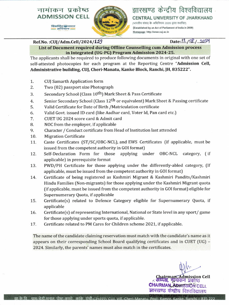 List of Documents Required During Offline Counselling Cum Document ...