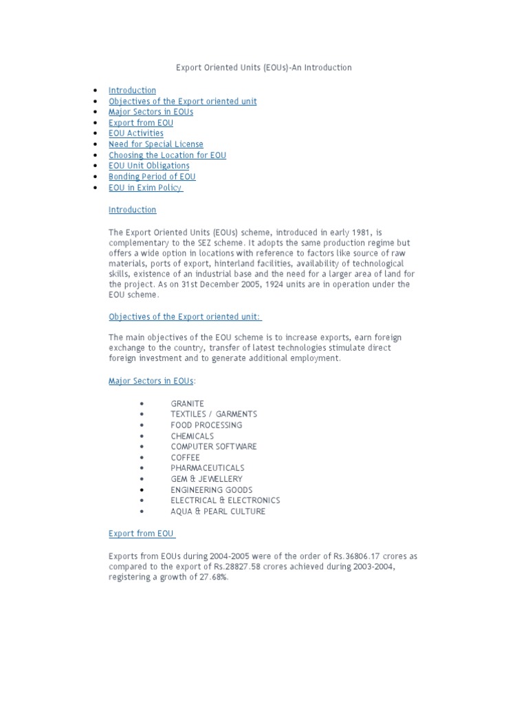Export Oriented Units | PDF | Exports | Customs
