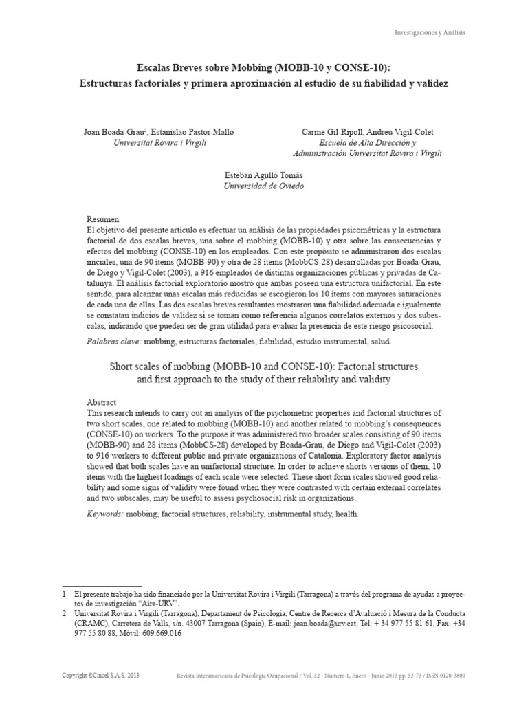Escalas Breves Sobre Mobbing MOBB 10 y C | PDF | Intimidación | Agresión