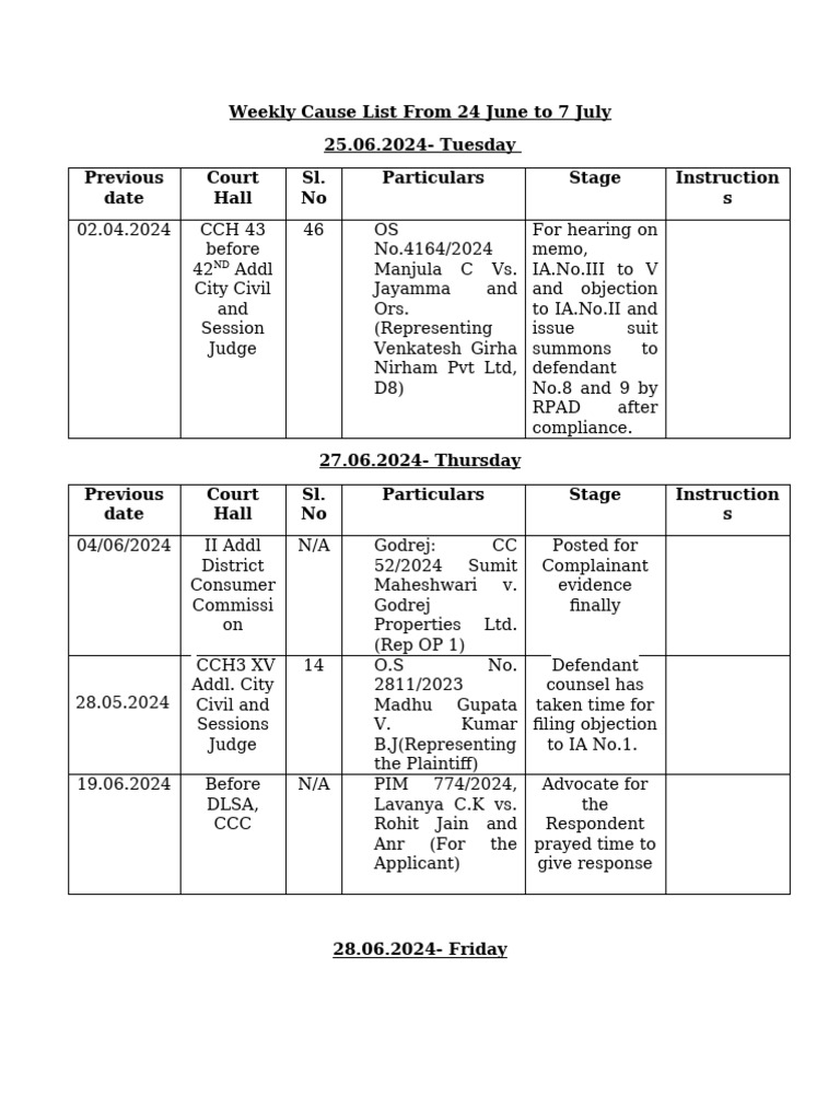Weekly Cause List From 30th May 23rd Jun 2024 | PDF | Legal ...