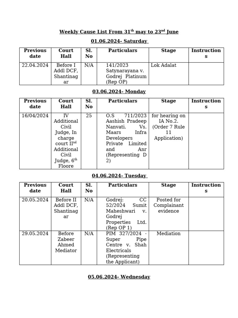 Weekly Cause List From 30th May 22 Jun 2024 | PDF | Jargon | Legal ...