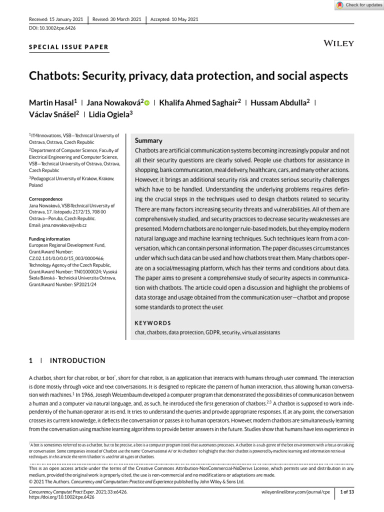 Concurrency and Computation - 2021 - Hasal - Chatbots Security Privacy Data Protection and ...