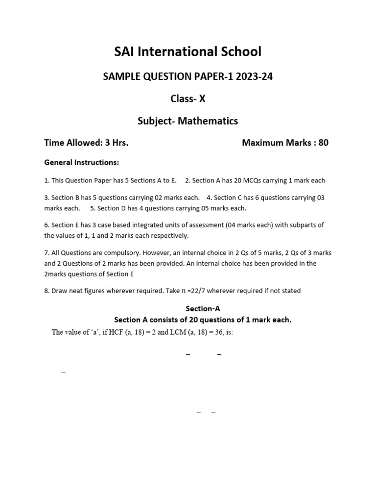 10 -Math SQP-1 QP 2023-24 | PDF | Circle | Area