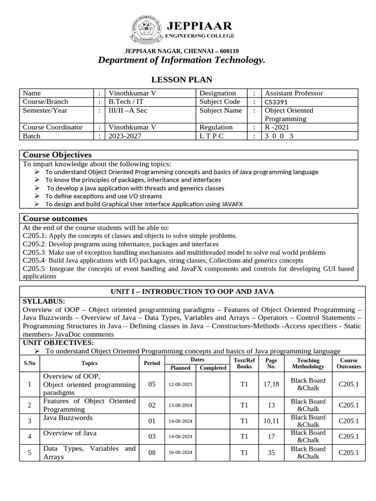 Oop Lesson Plan Cs3391 Jec | PDF | Method (Computer Programming) | Object Oriented Programming