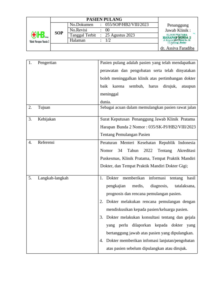 PKP 10 Ep 1 Sop Pasien Pulang | PDF