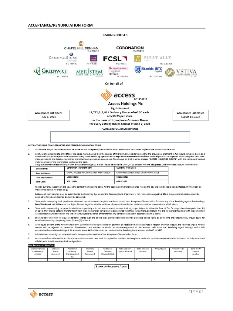 Access Holdings Application Form | PDF | Cheque | Banks