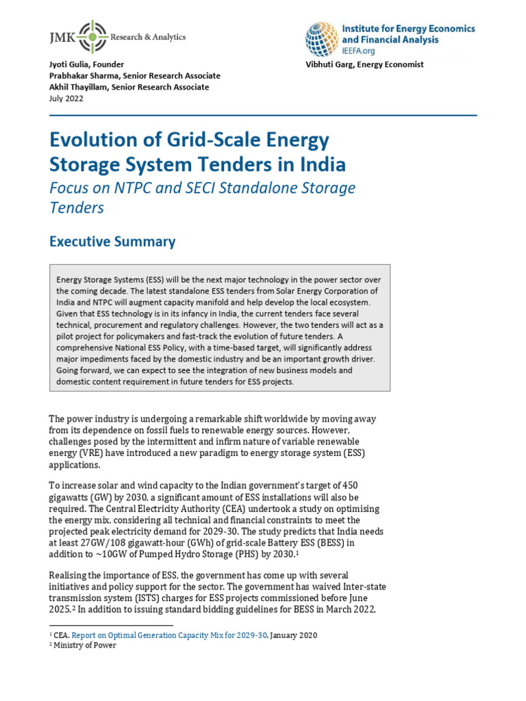 Evolution of Grid-Scale Energy Storage System Tenders in India Focus On ...