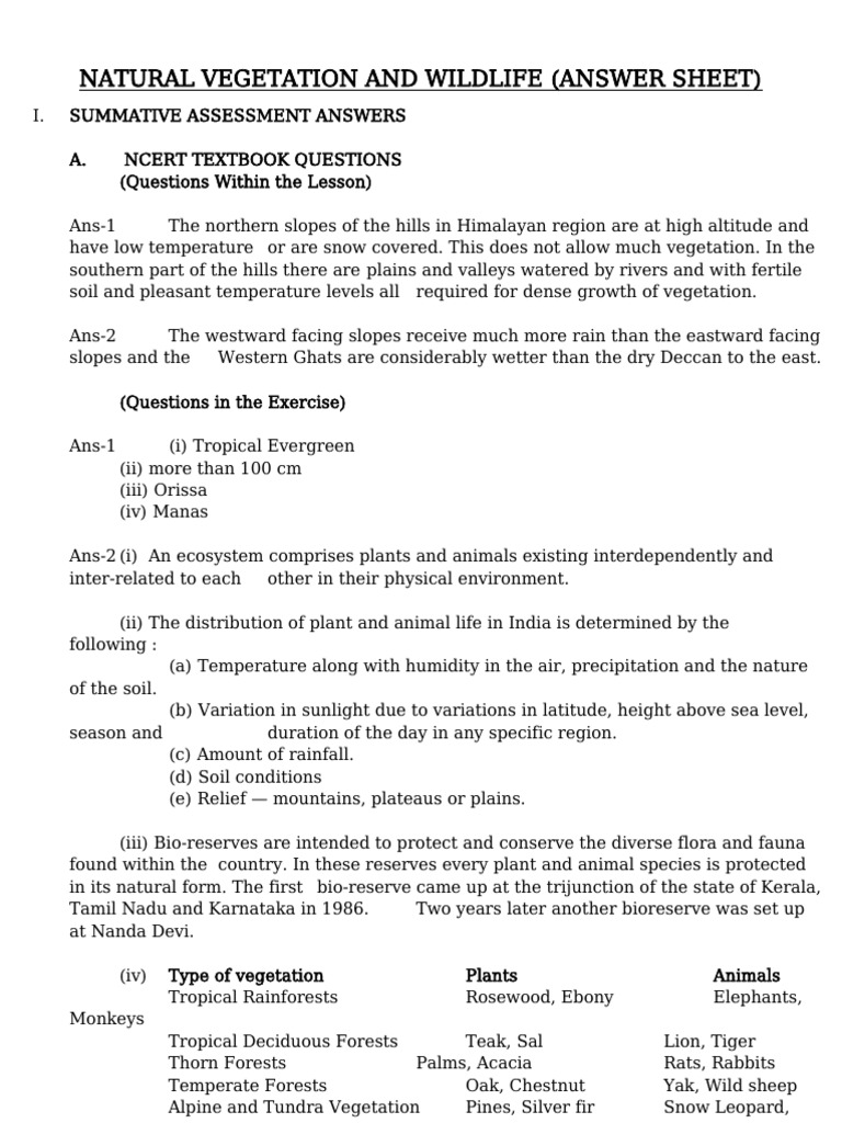 Natural Vegetation and Wildlife Answer Sheet | PDF | Forests | Trees
