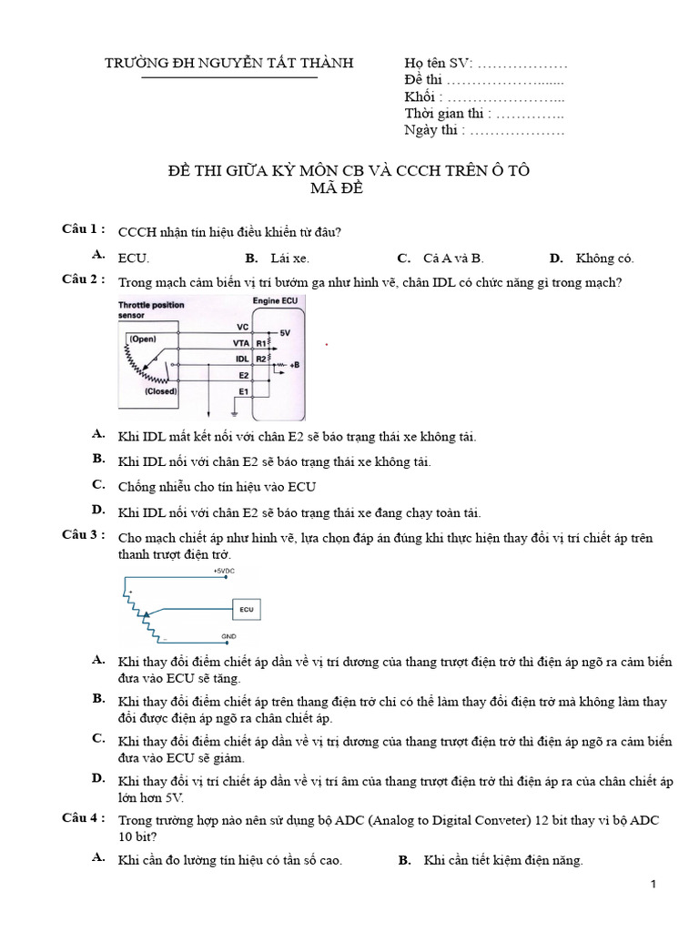 Đề Thi Giữa Kỳ Môn Cb Và Ccch Trên Ô Tô (MÃ ĐỀ 001) | PDF