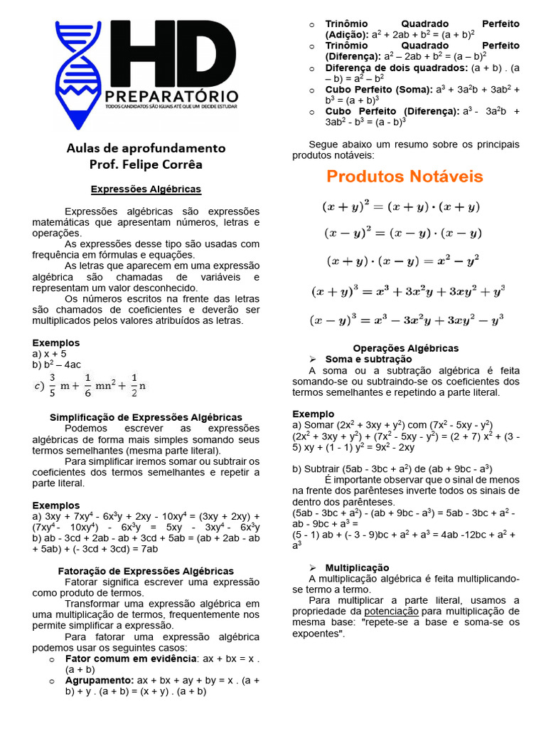 Aula - EXPRESSÕES ALGEBRICAS E PRODUTOS NOTAVEIS ALUNOS | PDF ...