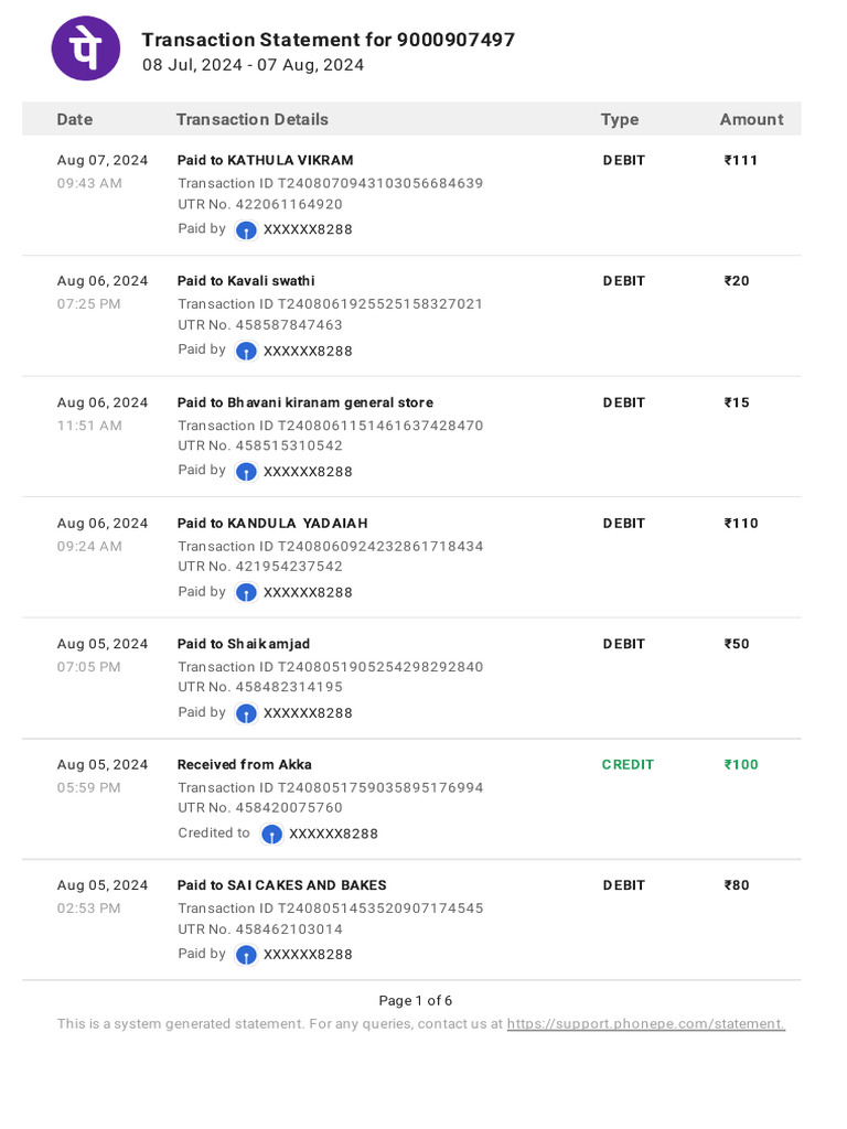 PhonePe Transaction Statement Summary | PDF | Debit Card | Debits And ...