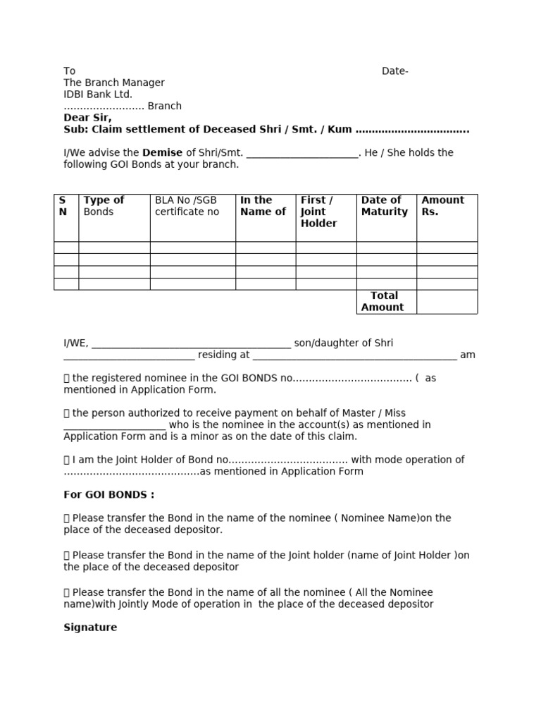 Deceased Claim Application for GOI Bonds | PDF | Bonds (Finance)