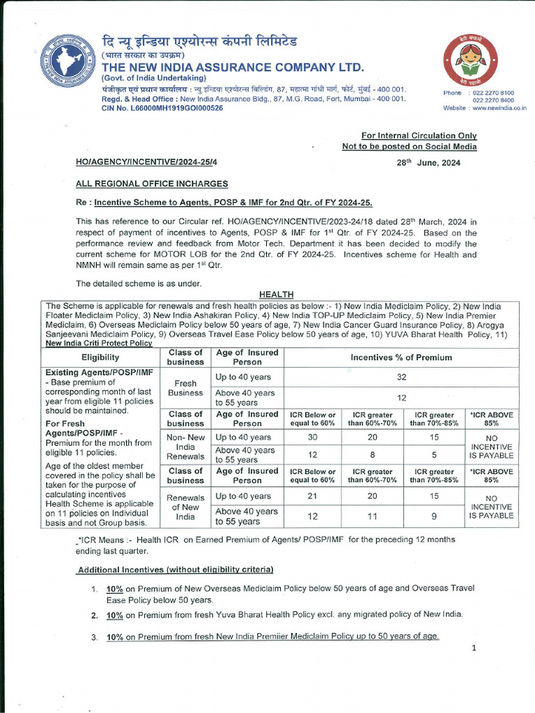 Incentive Scheme To Agents POSP &IMF For 02 QTR of FY 2024 - 25 | PDF