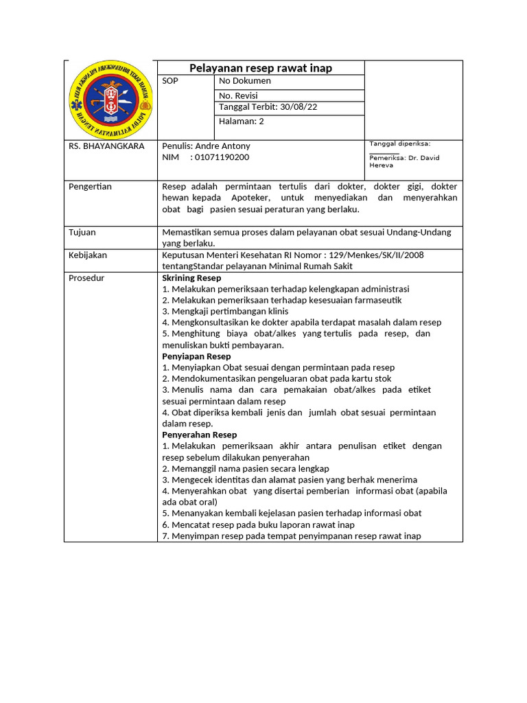 Prosedur Pelayanan Resep Rawat Inap Pdf