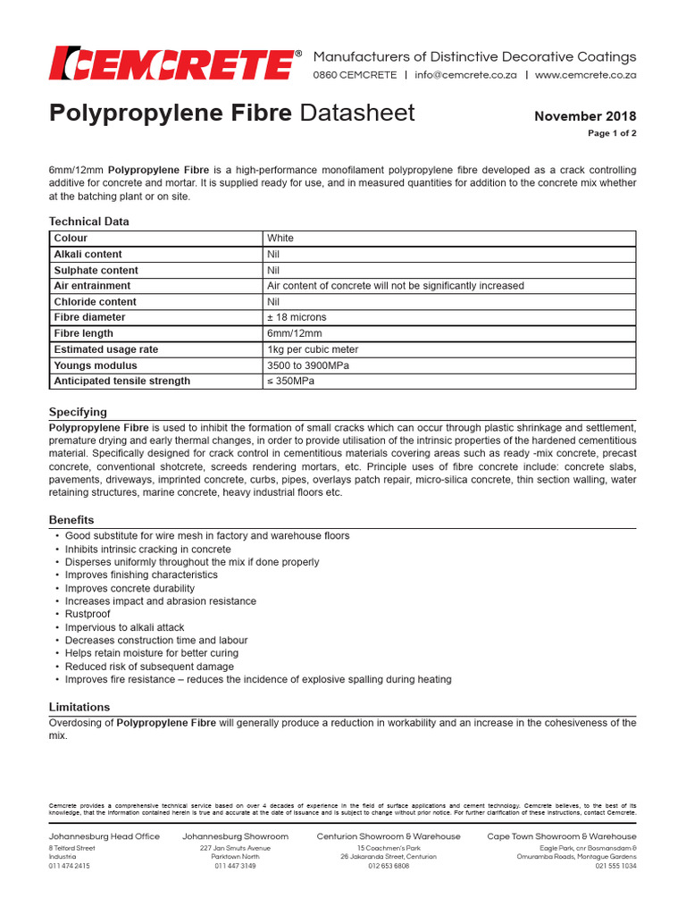 Polypropylene Fibre Datasheet | PDF | Concrete | Composite Material