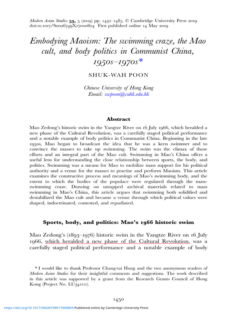 Embodying Maoism The Swimming Craze The Mao Cult and Body Politics in ...