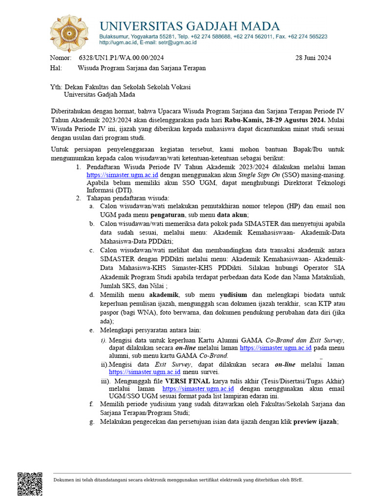 Edaran Wisuda Sarjana Dan Sarjana Terapan Periode IV Tahun Akademik 2023 2024 | PDF