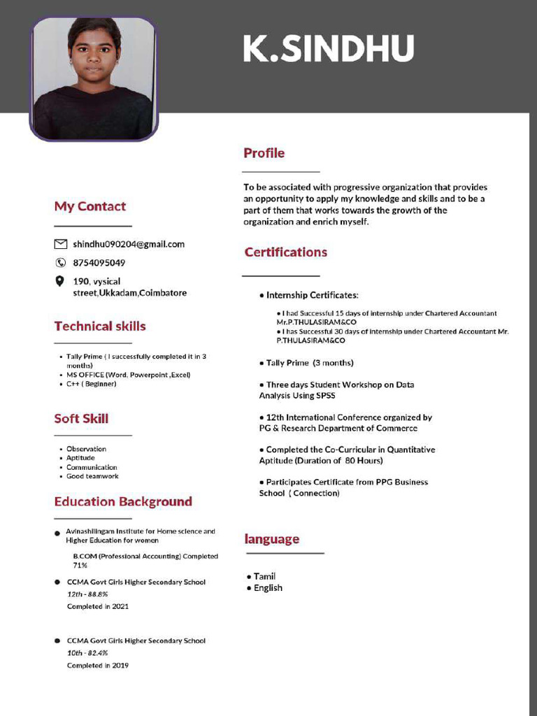 K.Sindhu Resume. | PDF